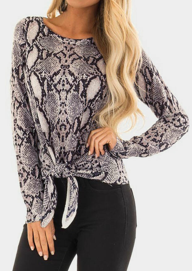 Snake Skin Tie Long Sleeve Blouse - Bellelily