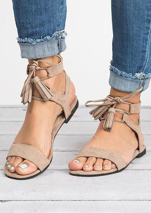 Solid Lace Up Round Toe Sandals - Bellelily