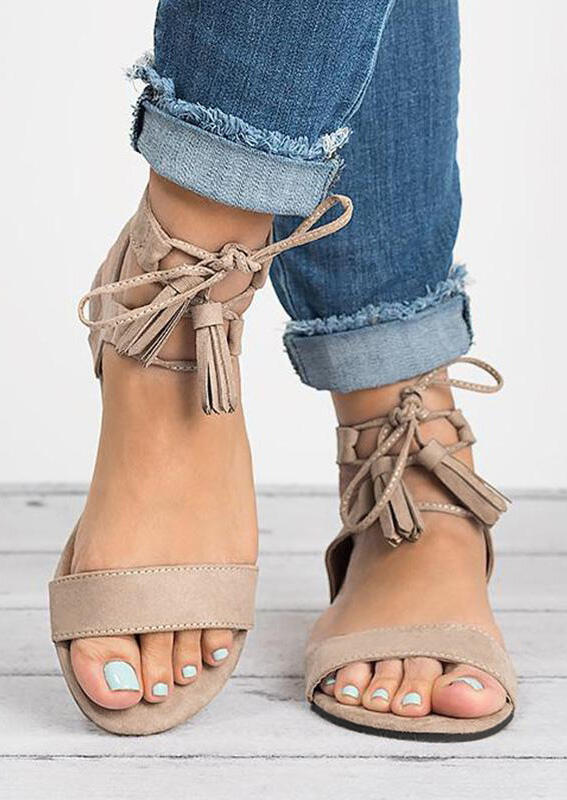 Solid Lace Up Round Toe Sandals - Bellelily