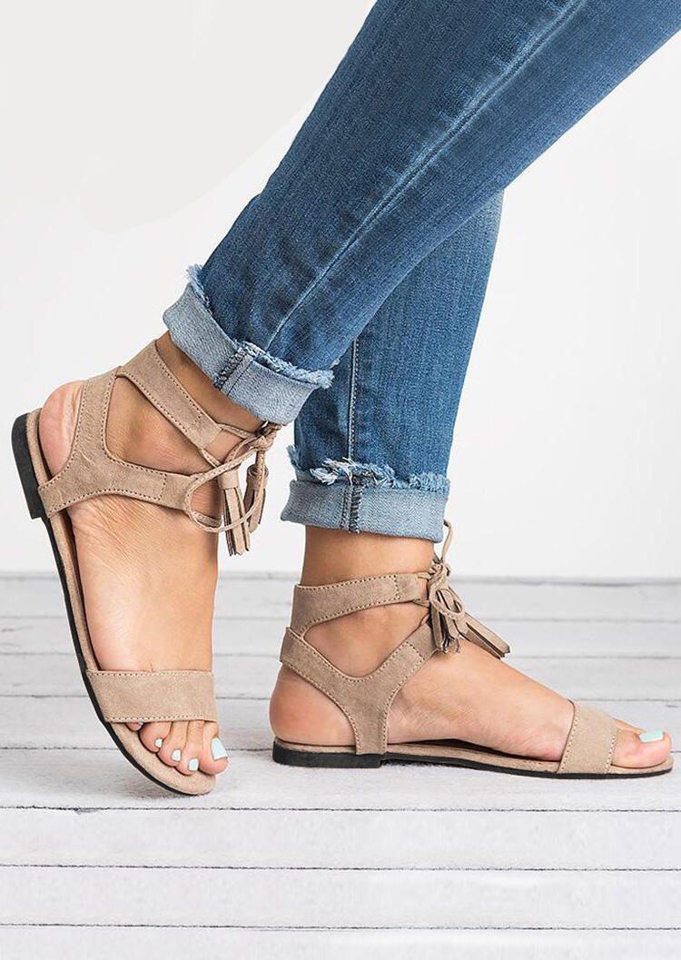 Solid Lace Up Round Toe Sandals - Bellelily
