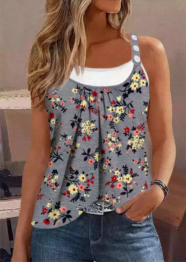 Floral Button Ruffled Fake Two Piece Camisole Bellelily